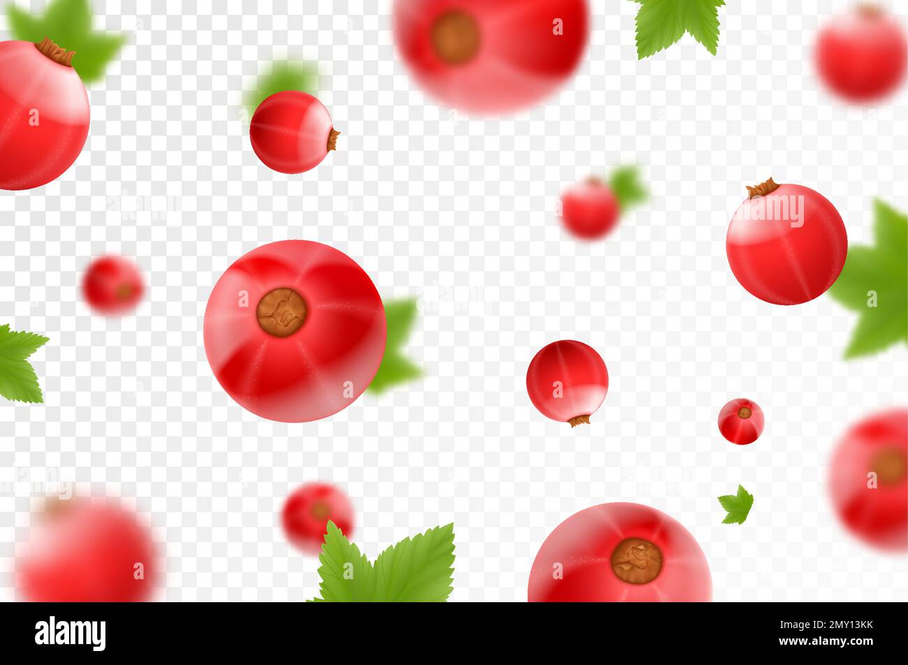 Red currant background. Flying currant with green leaves on transparent ...