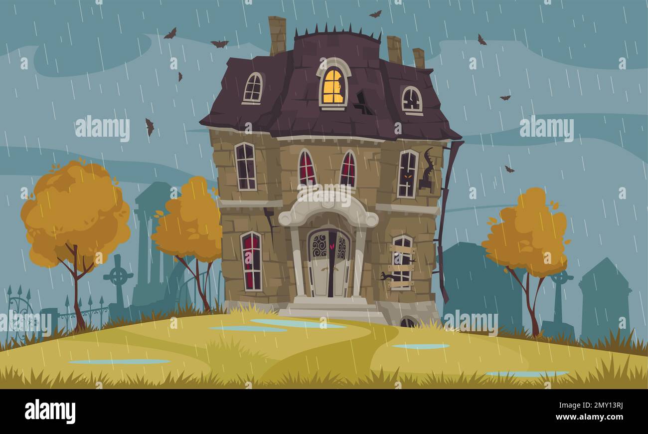 Scary house cartoon poster with horror building on raining background ...