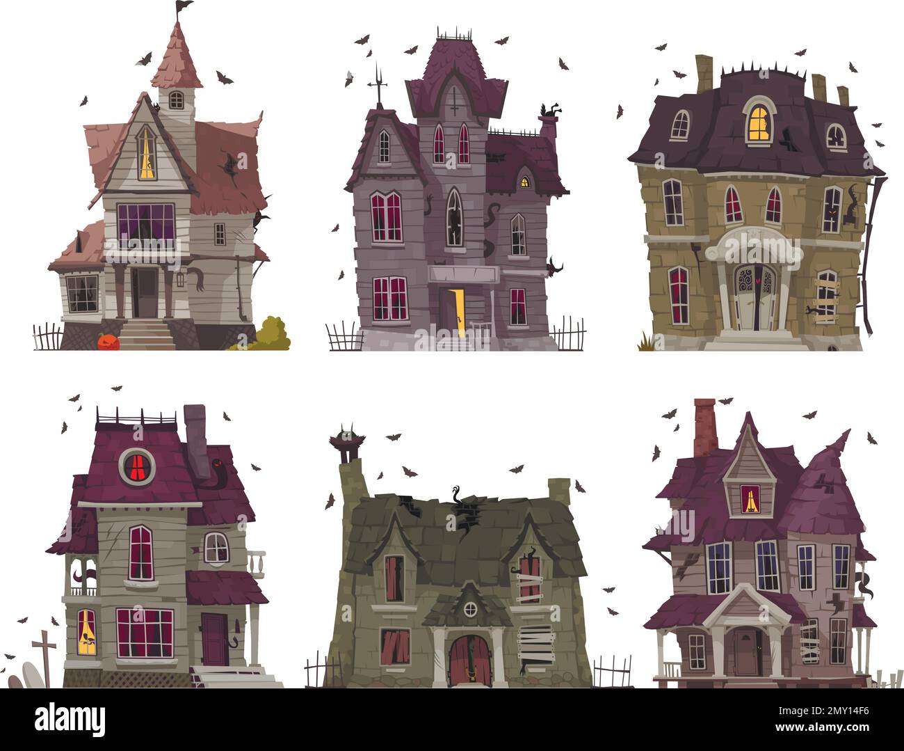 Horror house cartoon icons set with scary spooky buildings isolated ...
