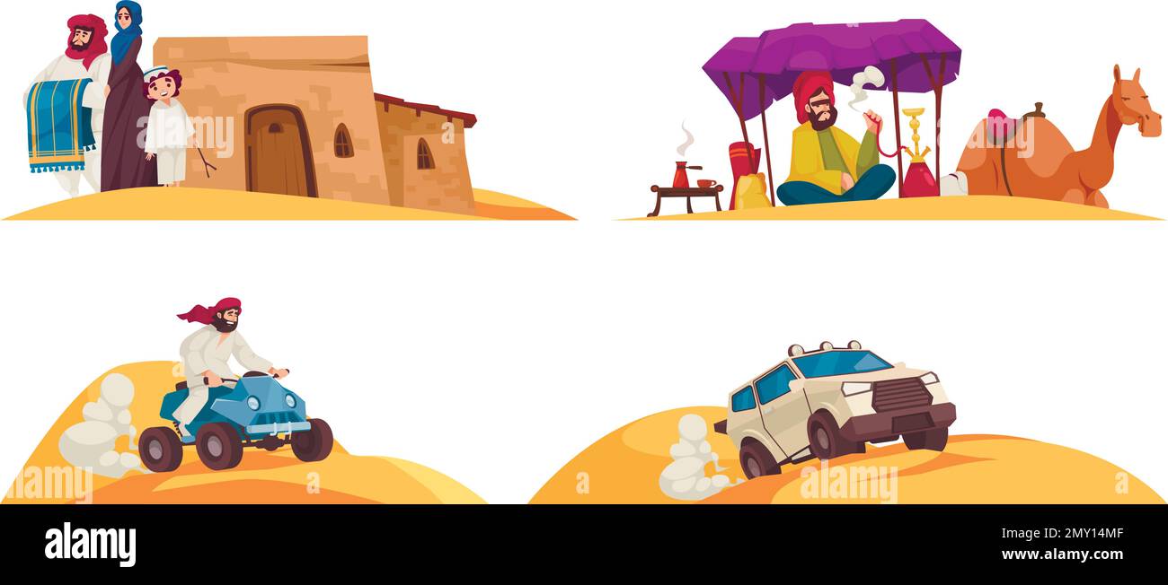 Arabic desert cartoon compositions set with people in traditional ...