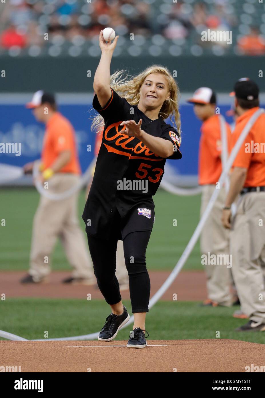Olympic gold medal wrestler Helen Maroulis throws a ceremonial first ...