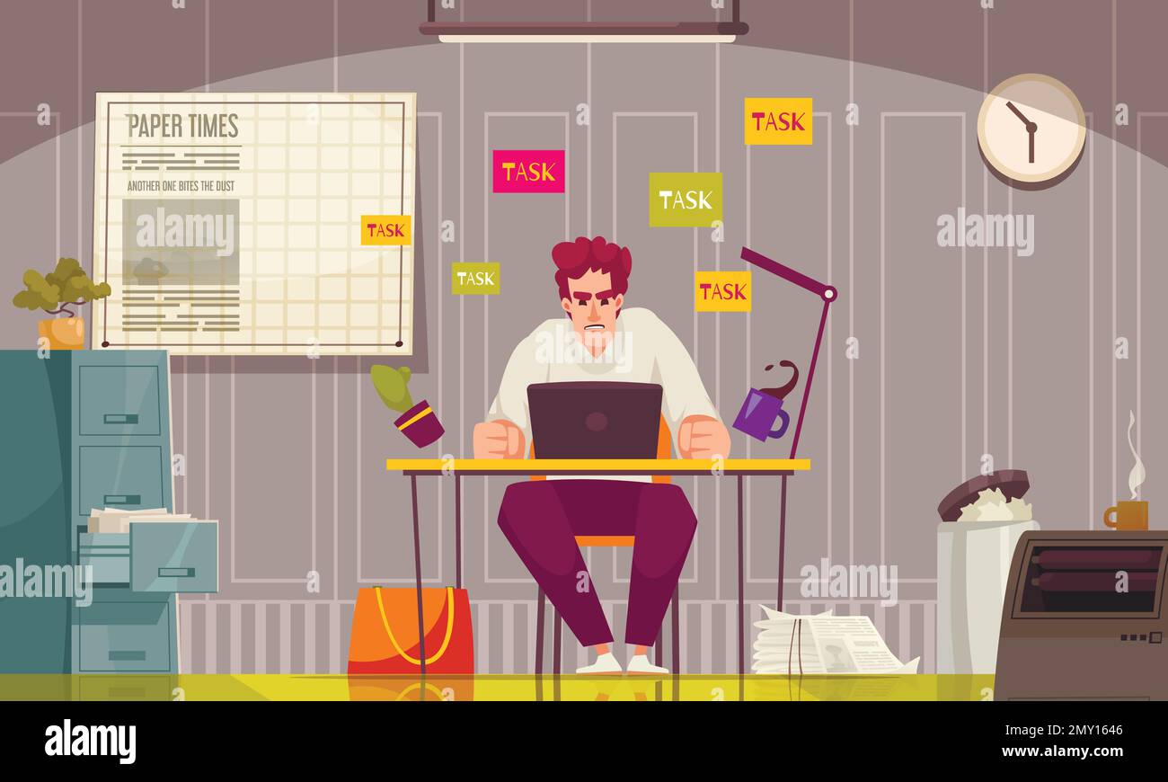 Office stress cartoon concept with unhappy overworked man vector ...