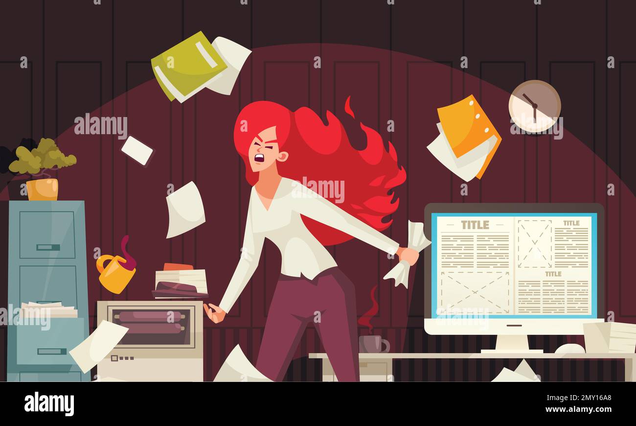 Office stress cartoon concept with young woman screaming vector ...