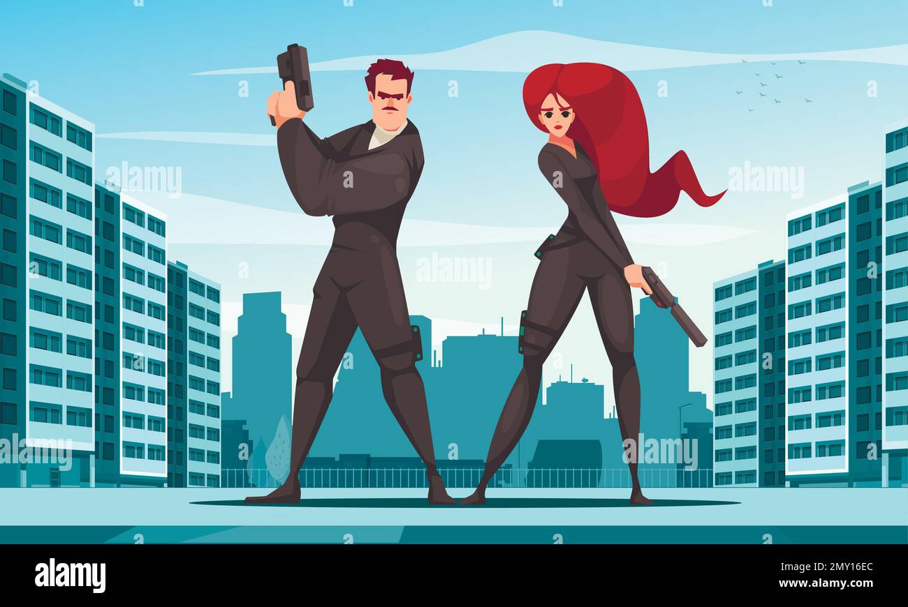 Super agent cartoon with couple in security guard clothing on city ...
