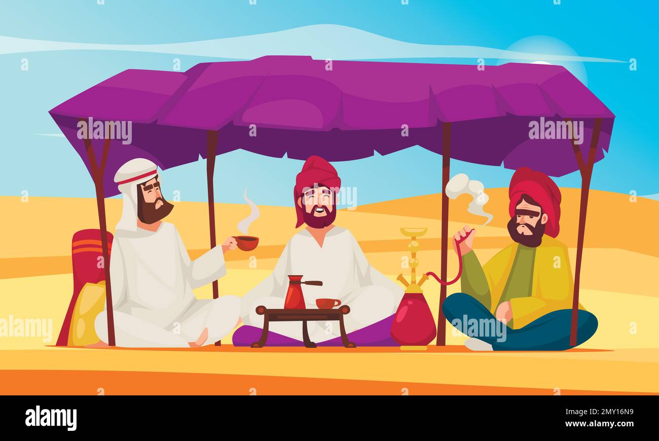 Desert life cartoon scene with people in traditional clothes drinking ...