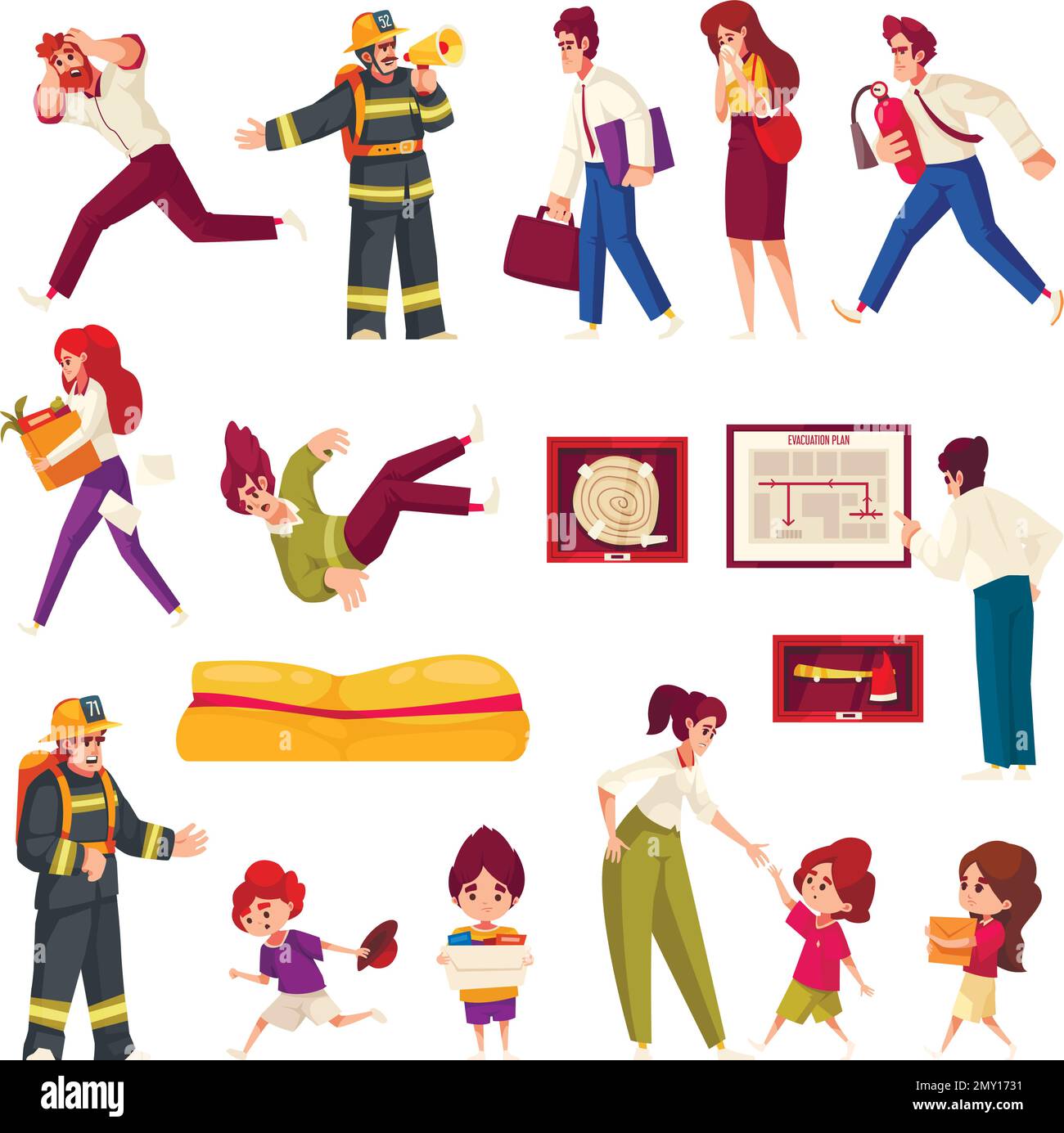 Evacuation cartoon icons set with childran and adults escaping ...