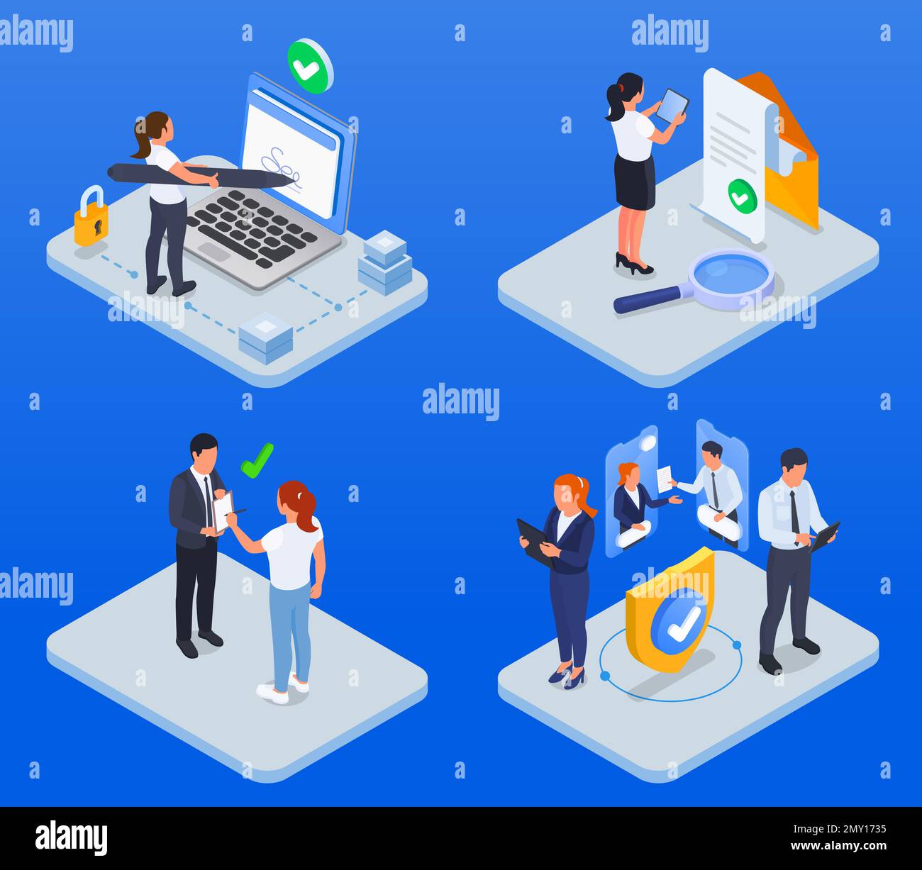 Isometric design concept set with business people making agreements and ...
