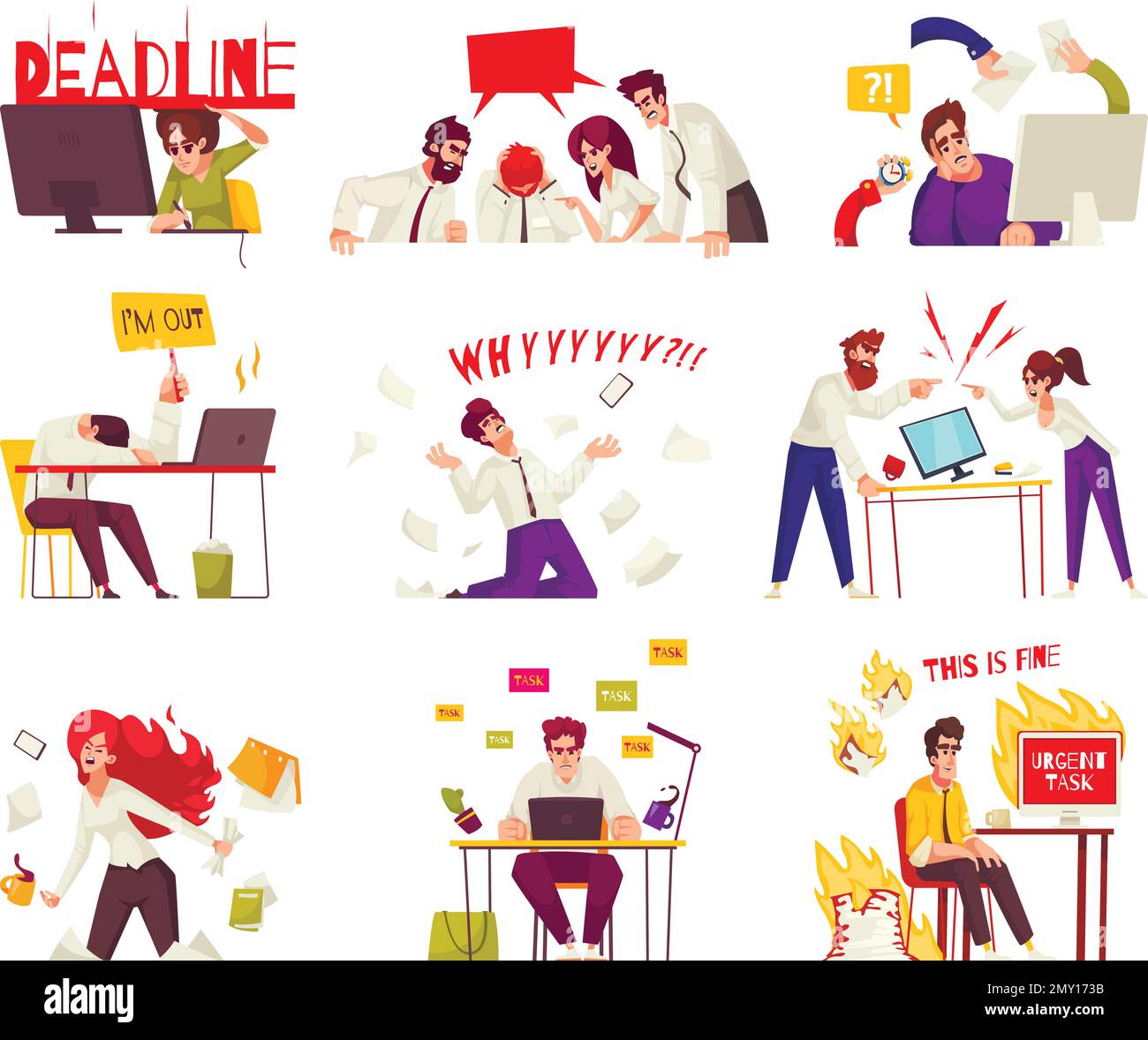 Stress office work icons set with conflicts and job problem solving ...