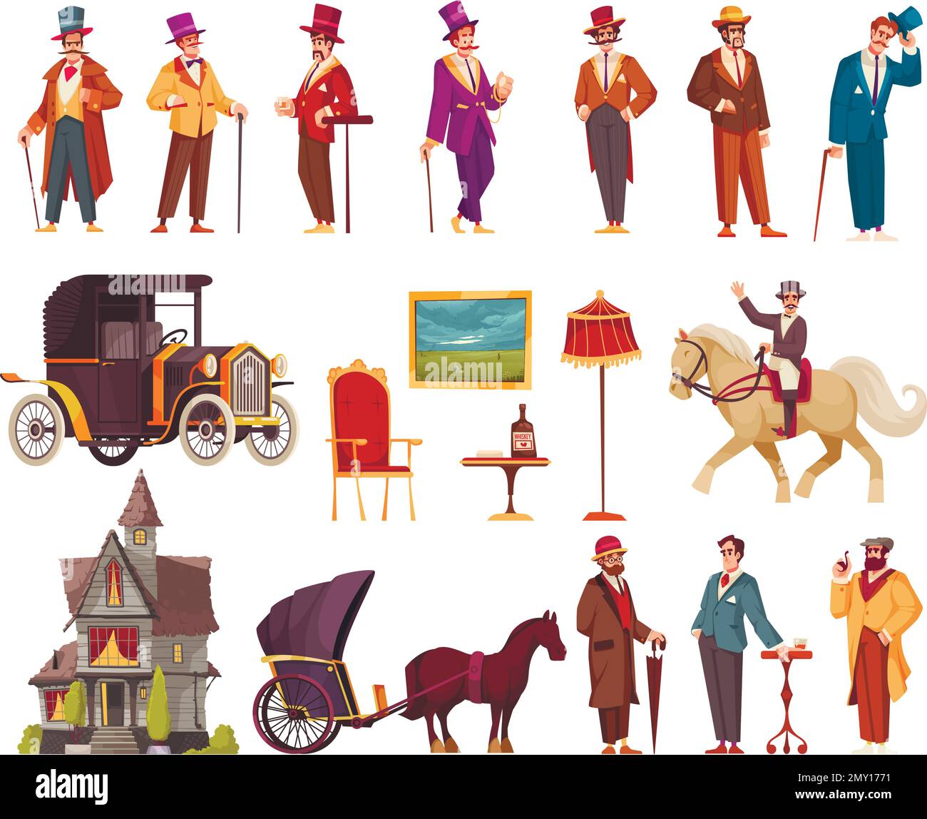 Gentlemen cartoon icons set with english aristocrats in victorian ...