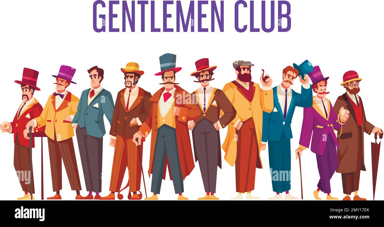 Gentlmen club cartoon concept with males in old style fancy clothing ...