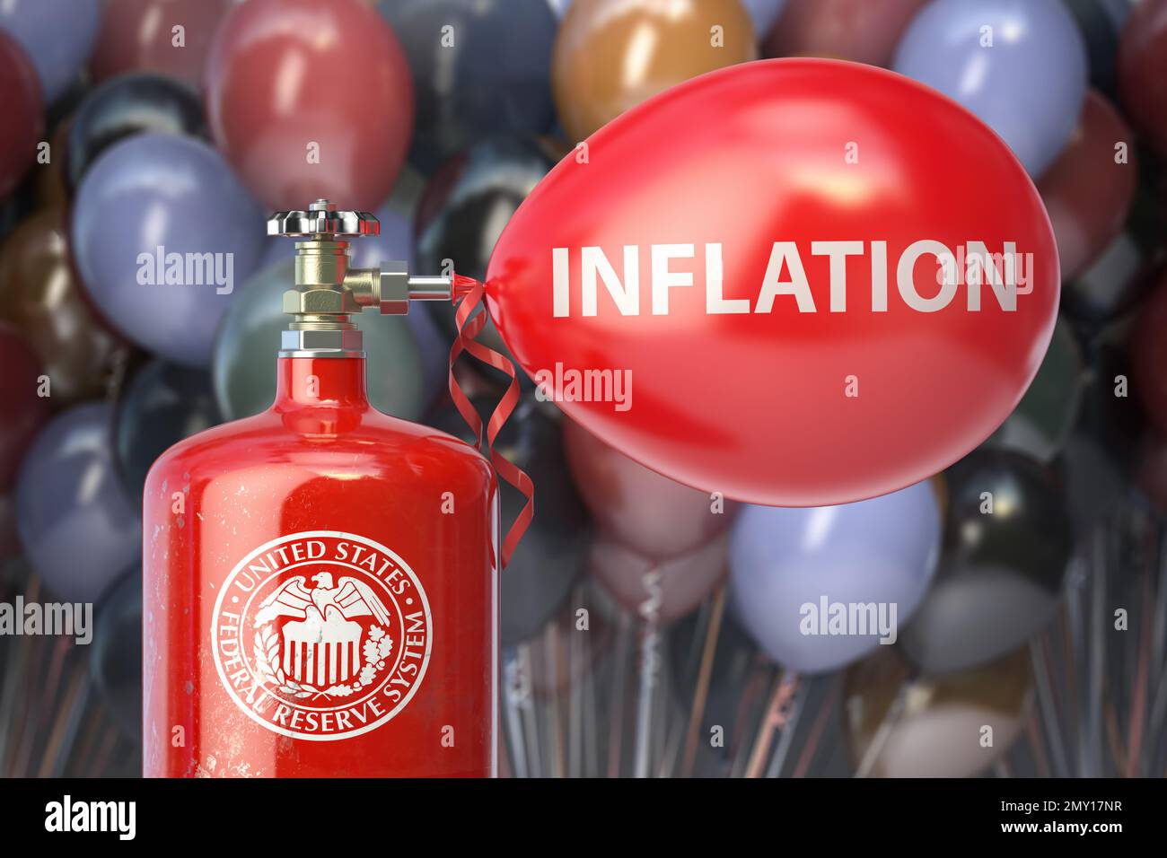 Fed and inflation. Tank with symbol of Federal Reserve system inflates ...