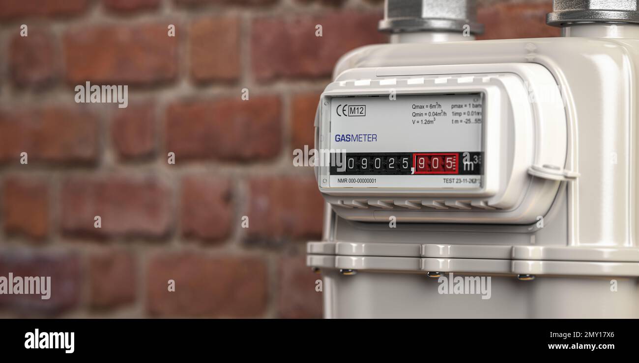 Natural gas meter on brick wall. 3d illustration Stock Photo - Alamy
