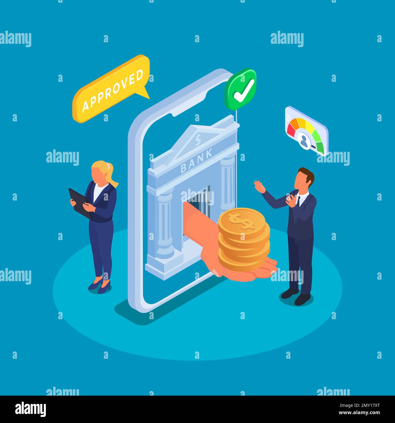 Bank loan online approval isometric concept with hand giving person ...