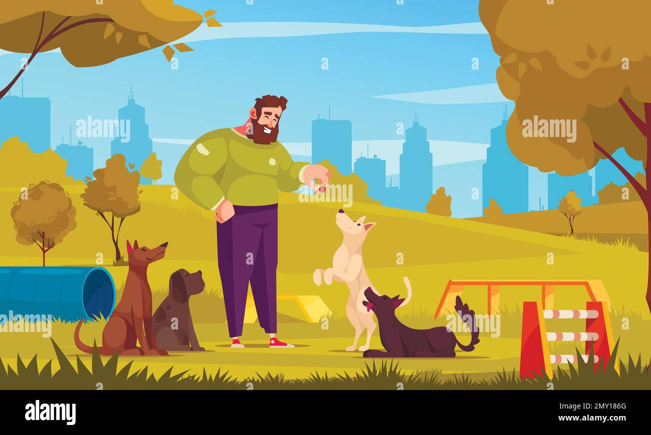 Dog playground cartoon concept with man training doggies outside vector ...
