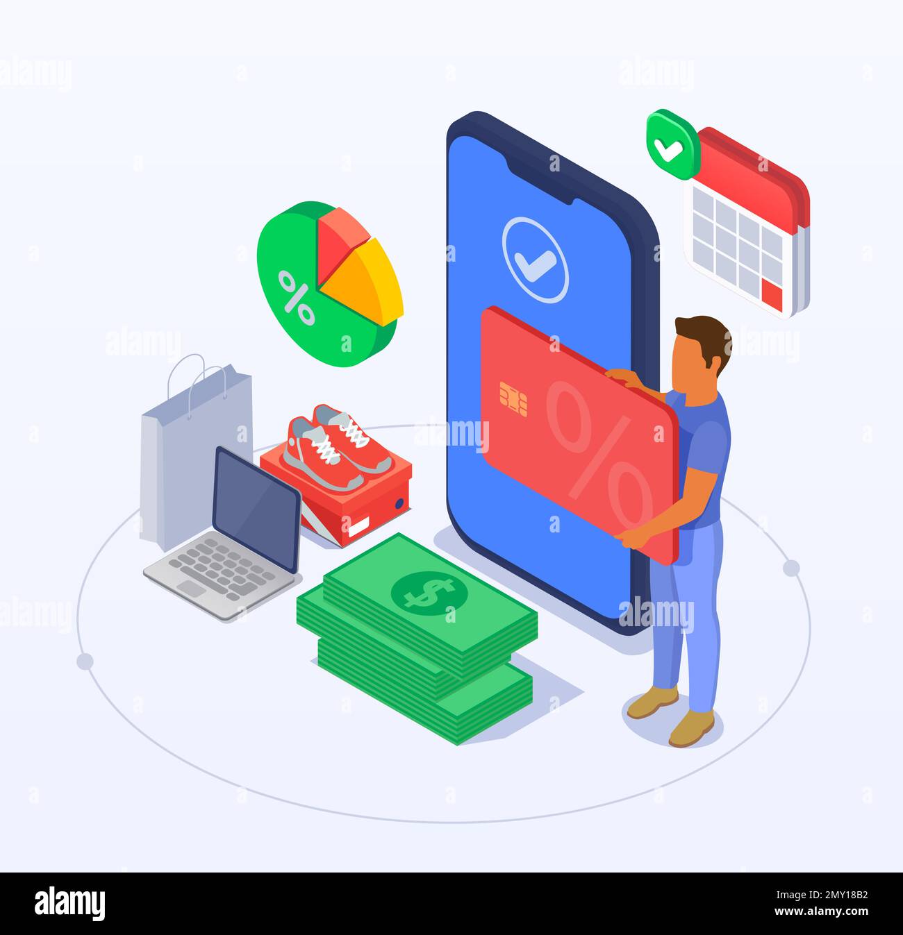 Bank loan isometric composition with online approval money purchases human character holding ...