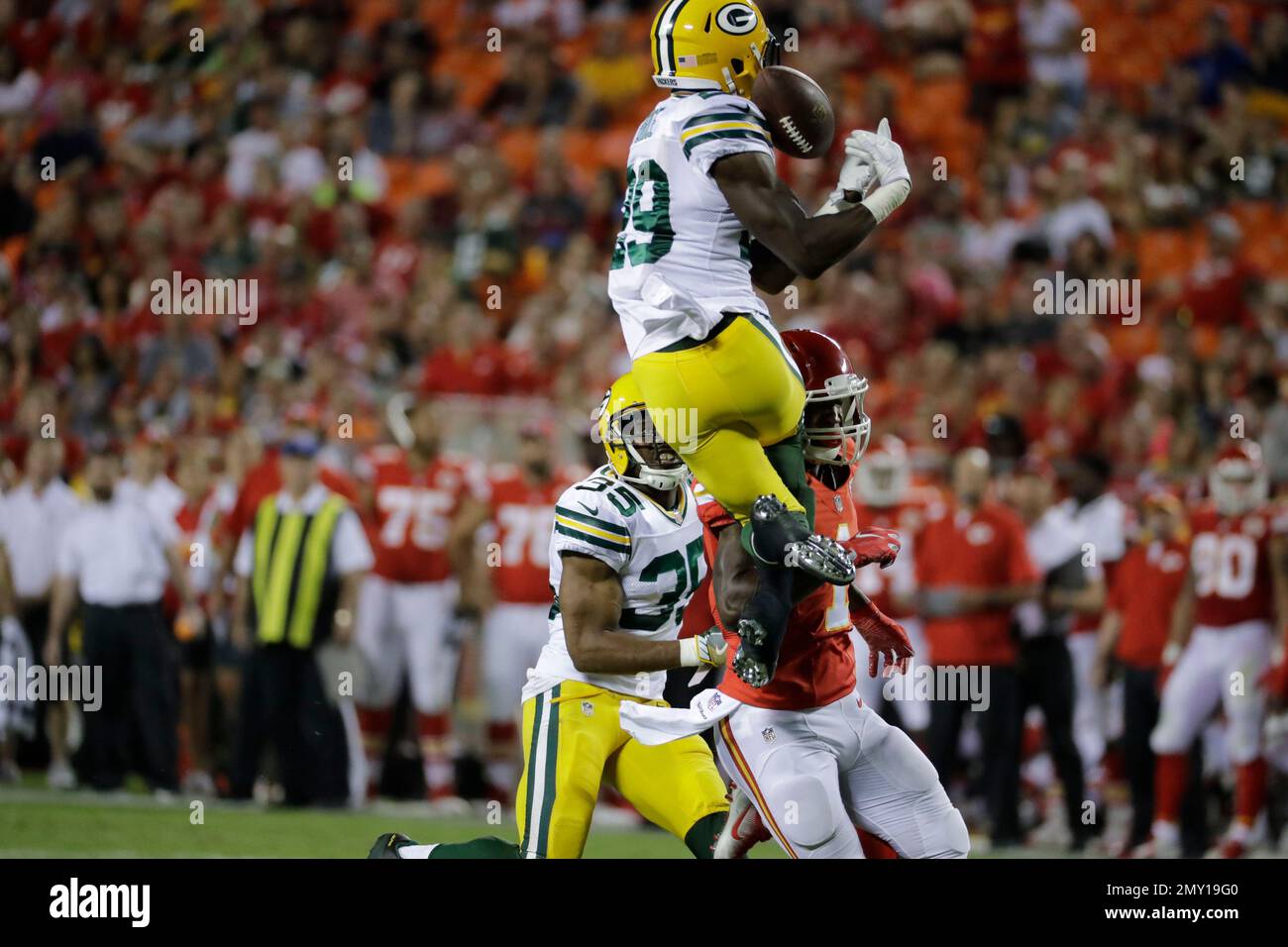 Green Bay Packers safety Kentrell Brice (29) fails to catch a pass over ...