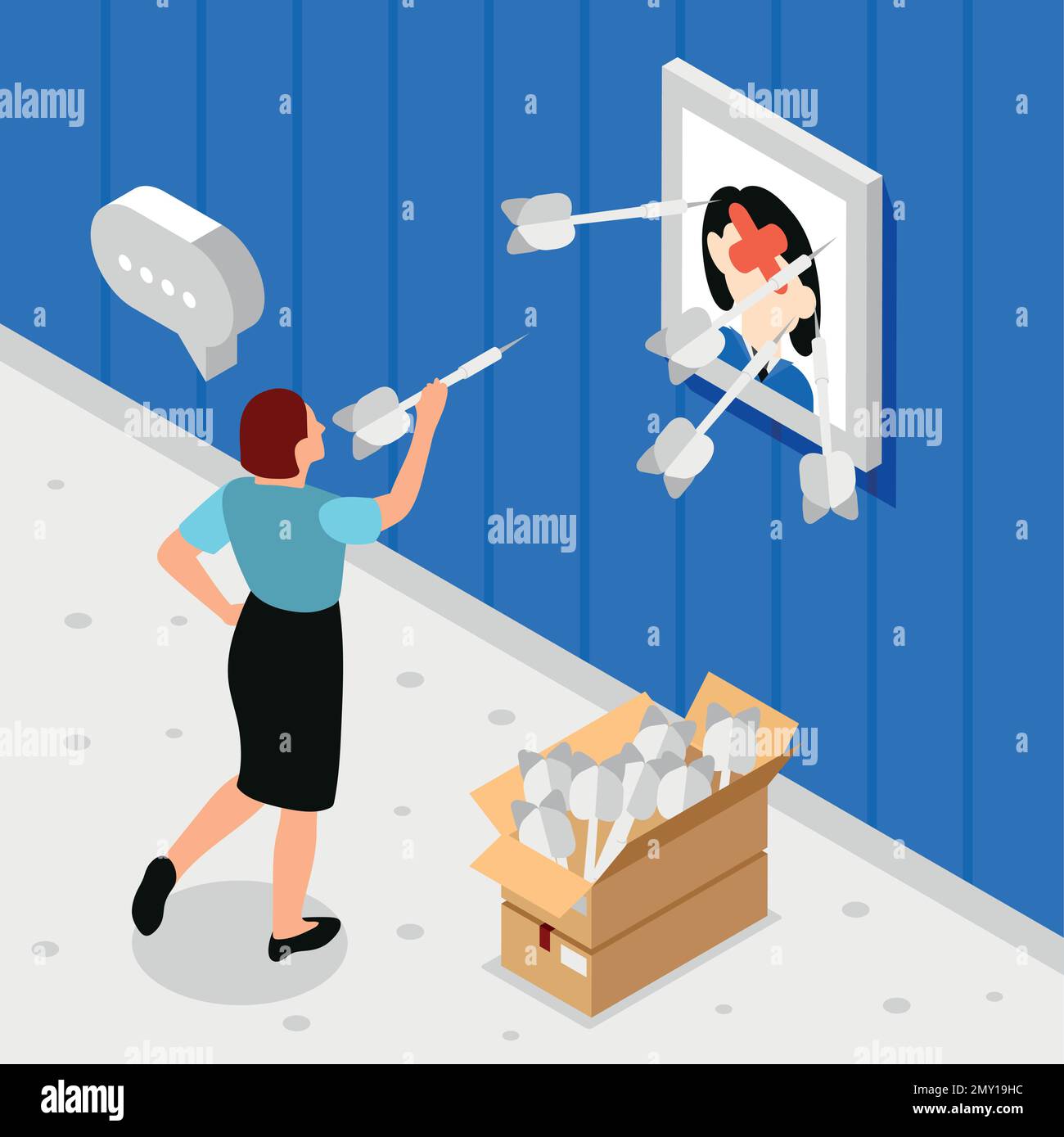 Bad boss isometric composition an executive plays darts with a photo of ...
