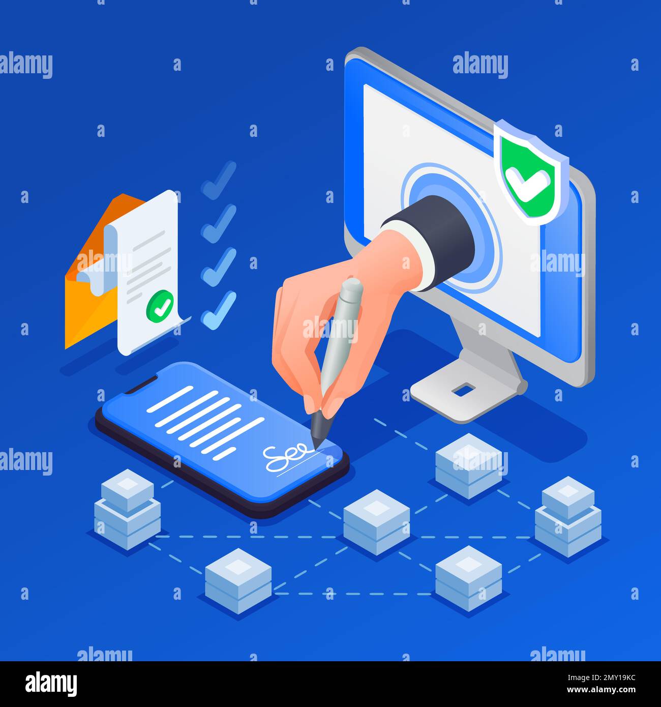 Contract agreement isometric composition with human hand putting ...