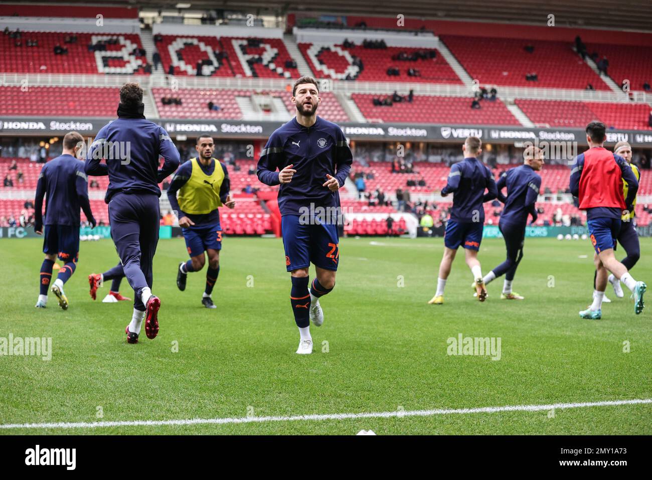 Charlie Goode #27 of Blackpool in the pregame warmup session during the ...