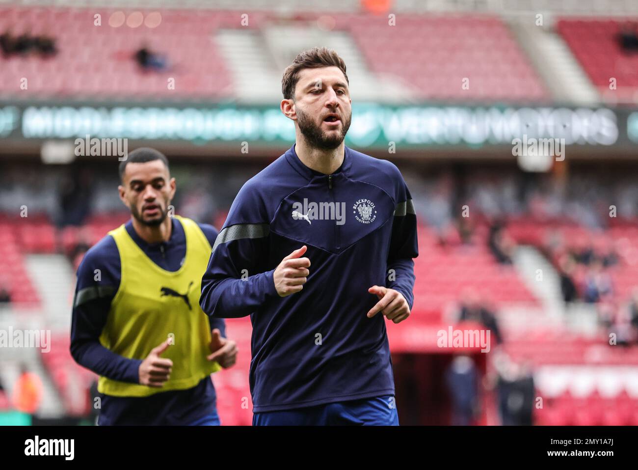 Charlie Goode #27 of Blackpool in the pregame warmup session during the ...