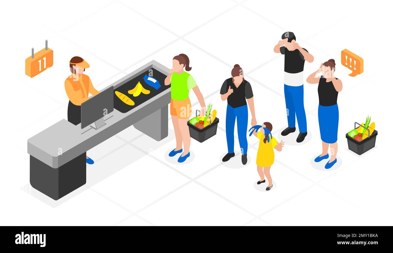 Isometric queue composition queue of different people at the cash ...