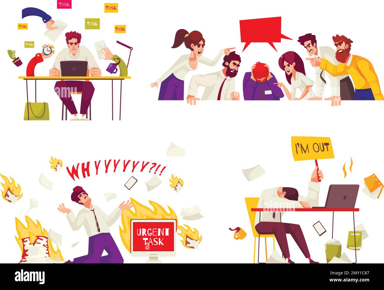 Office stress compositions set with burned out employeed isolated ...