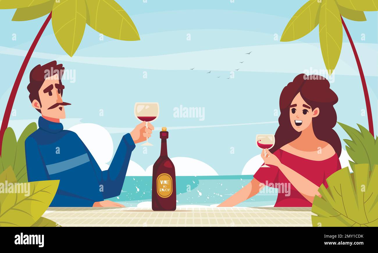 Wine cartoon scene with young couple drinking on seashore background ...