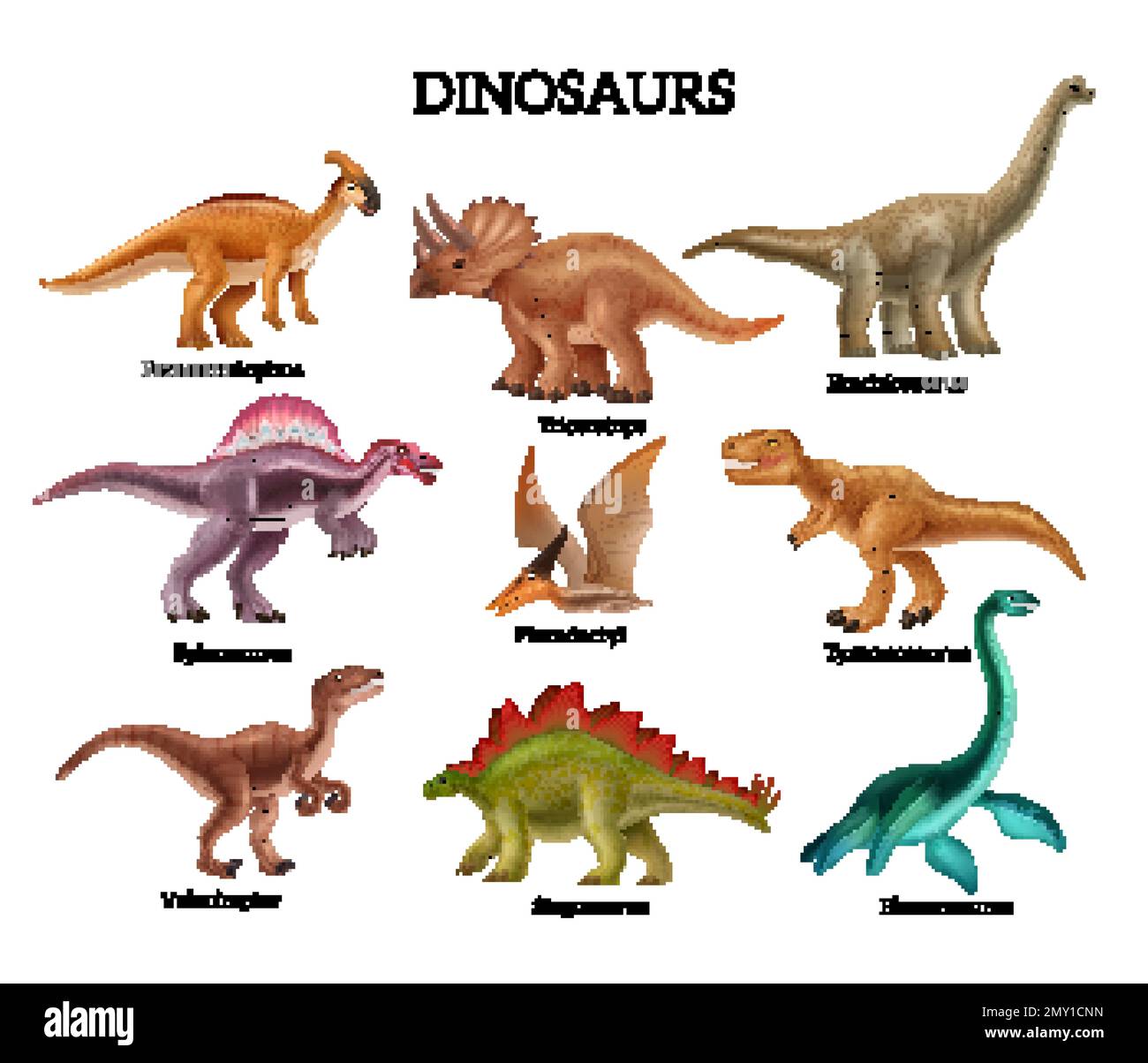 Dinosaurs set with realistic triceratops pterodactyl spinosaurus stegosaurus branchiosaurus and ...