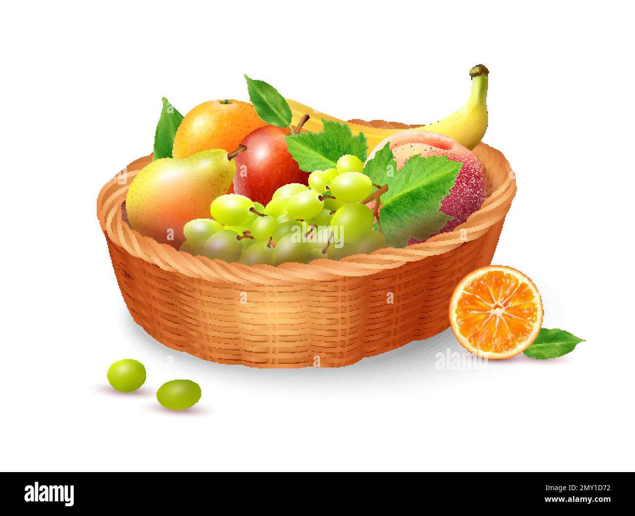 Realistic fresh ripe fruits with green leaves in wicker basket vector ...