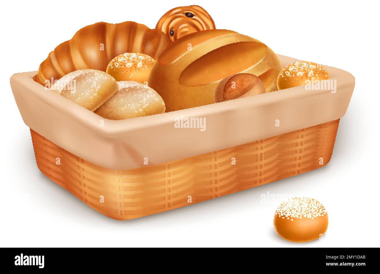 Realistic fresh bread loaves and pastry in wicker basket vector ...