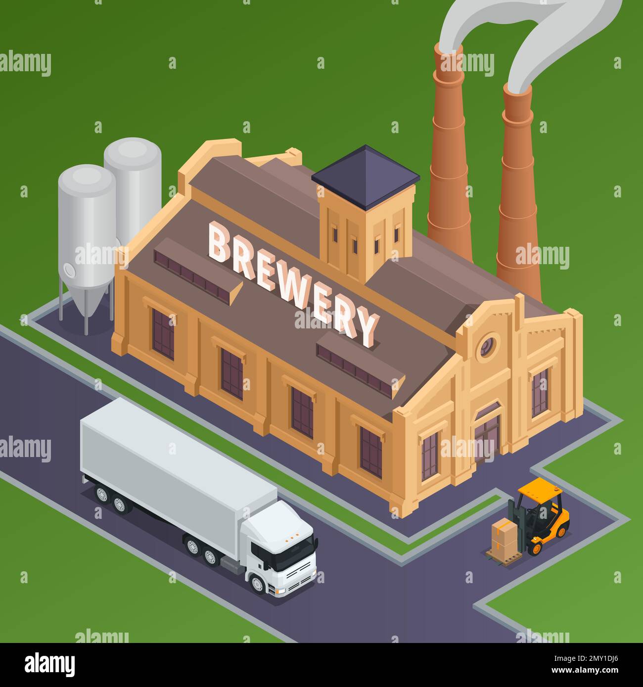 Isometric brewery building exterior with forklift carrying boxes and ...