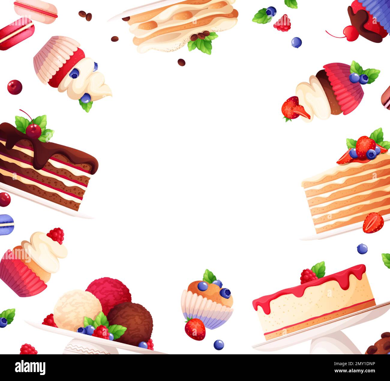 Flat style frame with various desserts and berries on white background vector illustration Stock ...