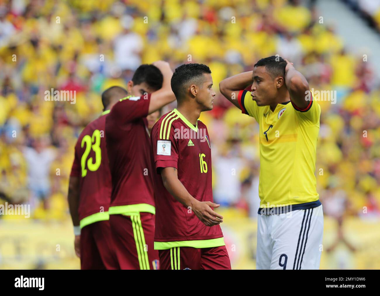 Colombia's Luis Muriel, right, reacts after missing a chance to score ...