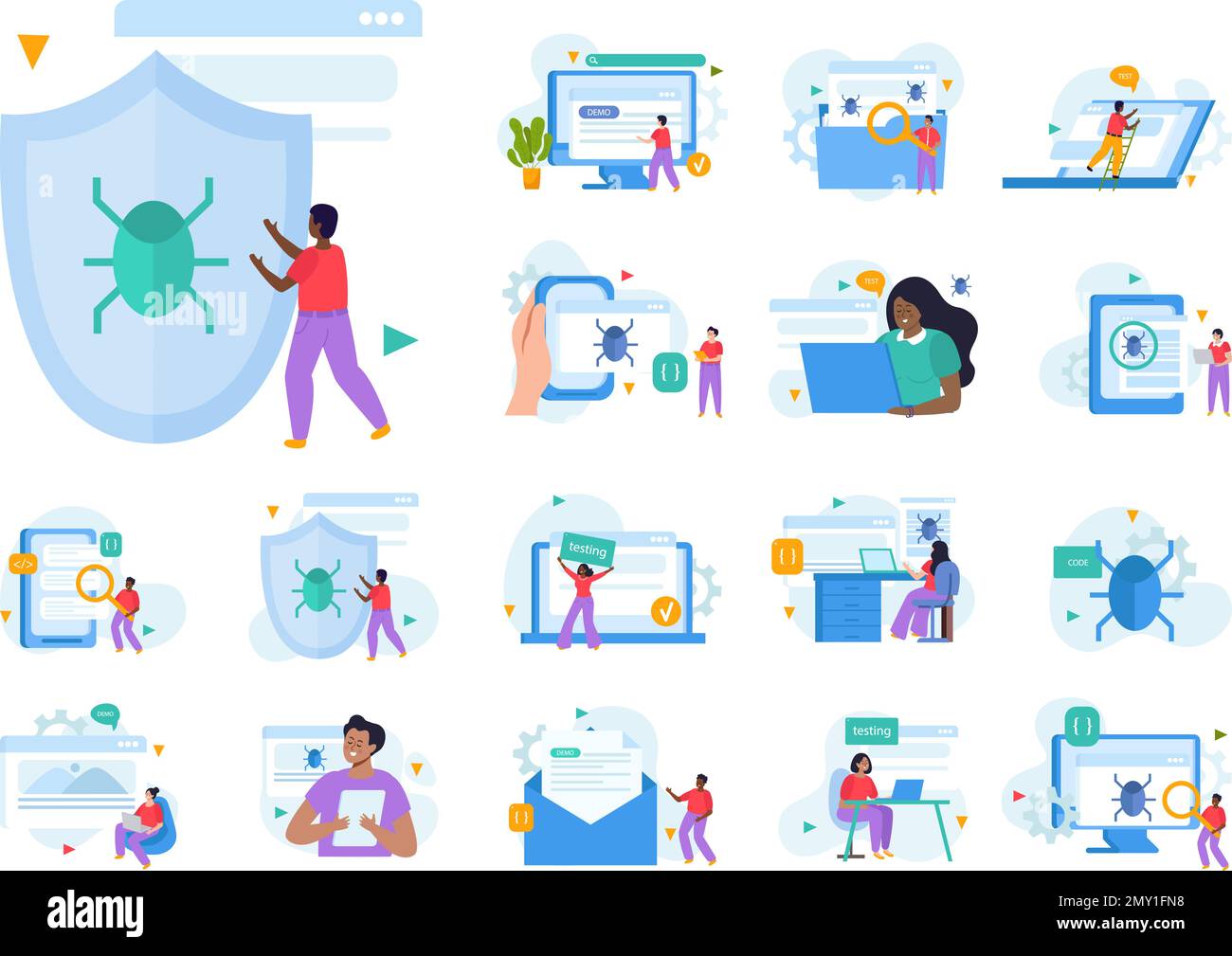 Qa Engineer Set With Algorithm Testing Symbols Flat Isolated Vector Illustration Stock Vector