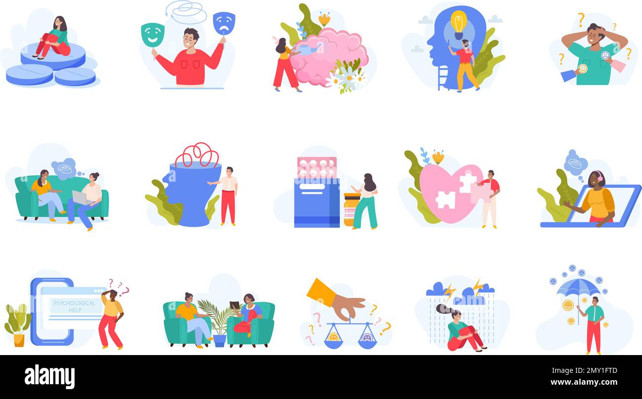 Open mind psychotherapy set with mental problem symbols flat isolated ...