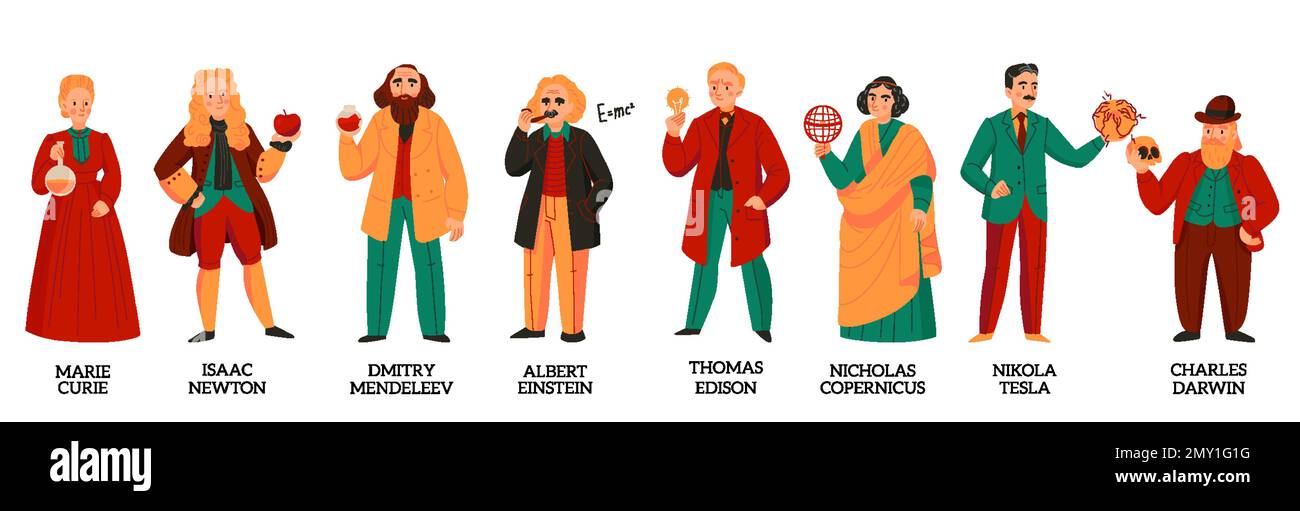 Great scientists color set with flat characters of marie curie albert ...