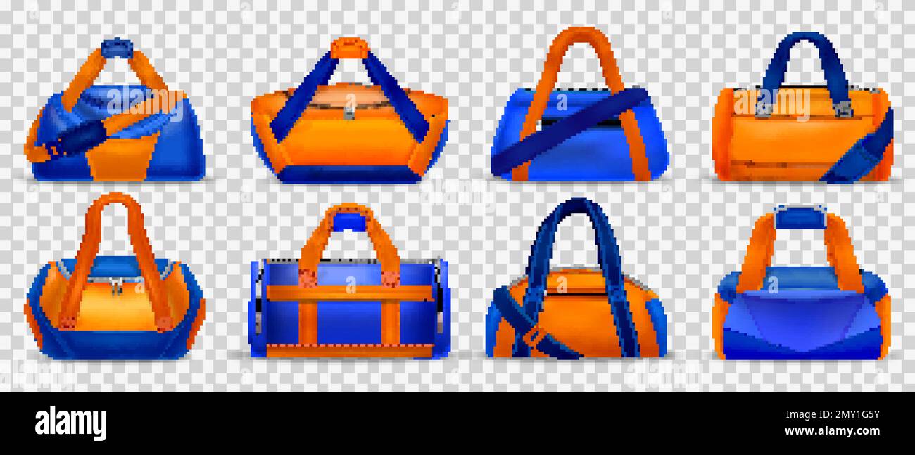 Realistic set of stylish bright orange and blue gym bags isolated on ...