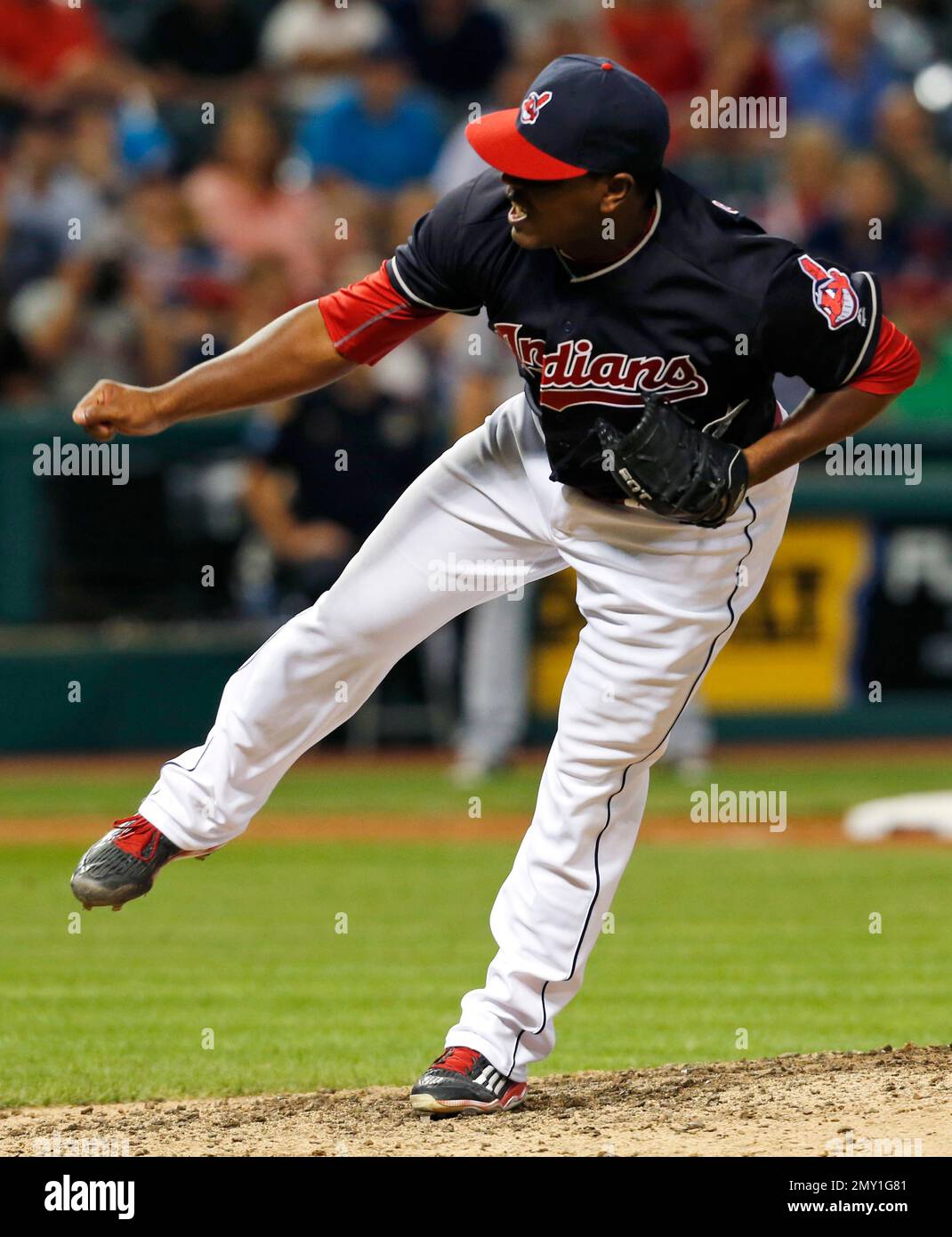 Cleveland Indians relief pitcher Perci Garner watches a pitch to the ...