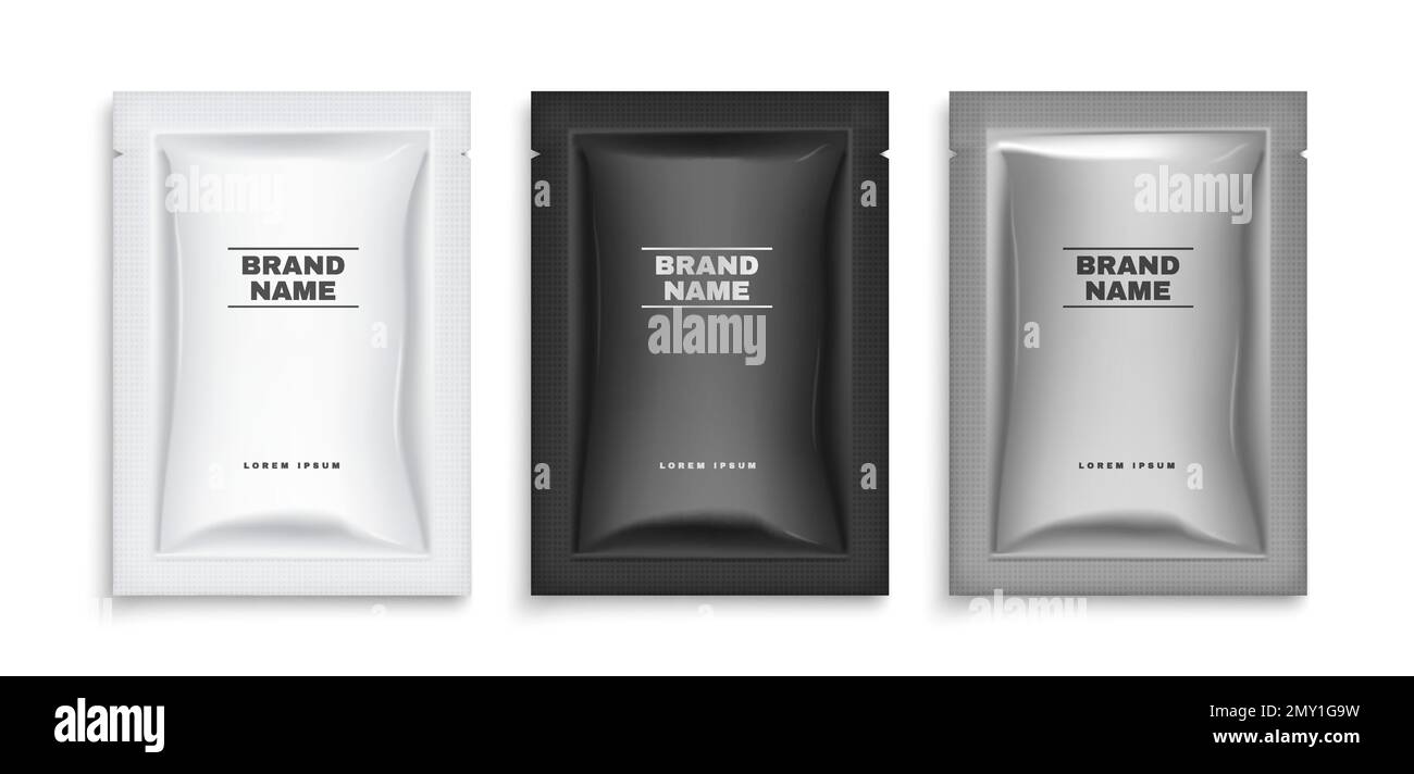 Realistic sachet packet template set with three isolated packages with ...