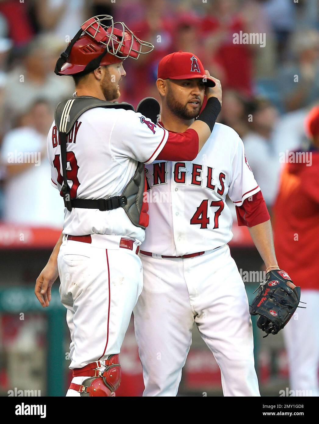 Los Angeles Angels catcher Jett Bandy, left, congratulates starting ...
