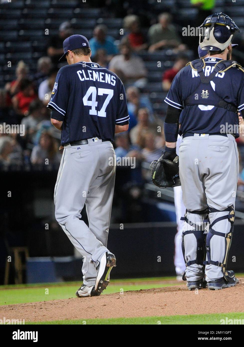 San Diego Padres pitcher Paul Clemens (47) is removed after loading the ...