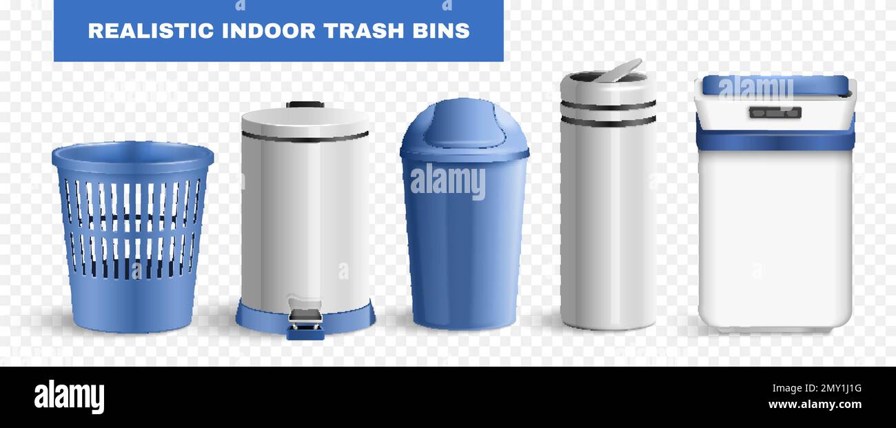 Set with isolated realistic bins images for indoor use with silver blue ...