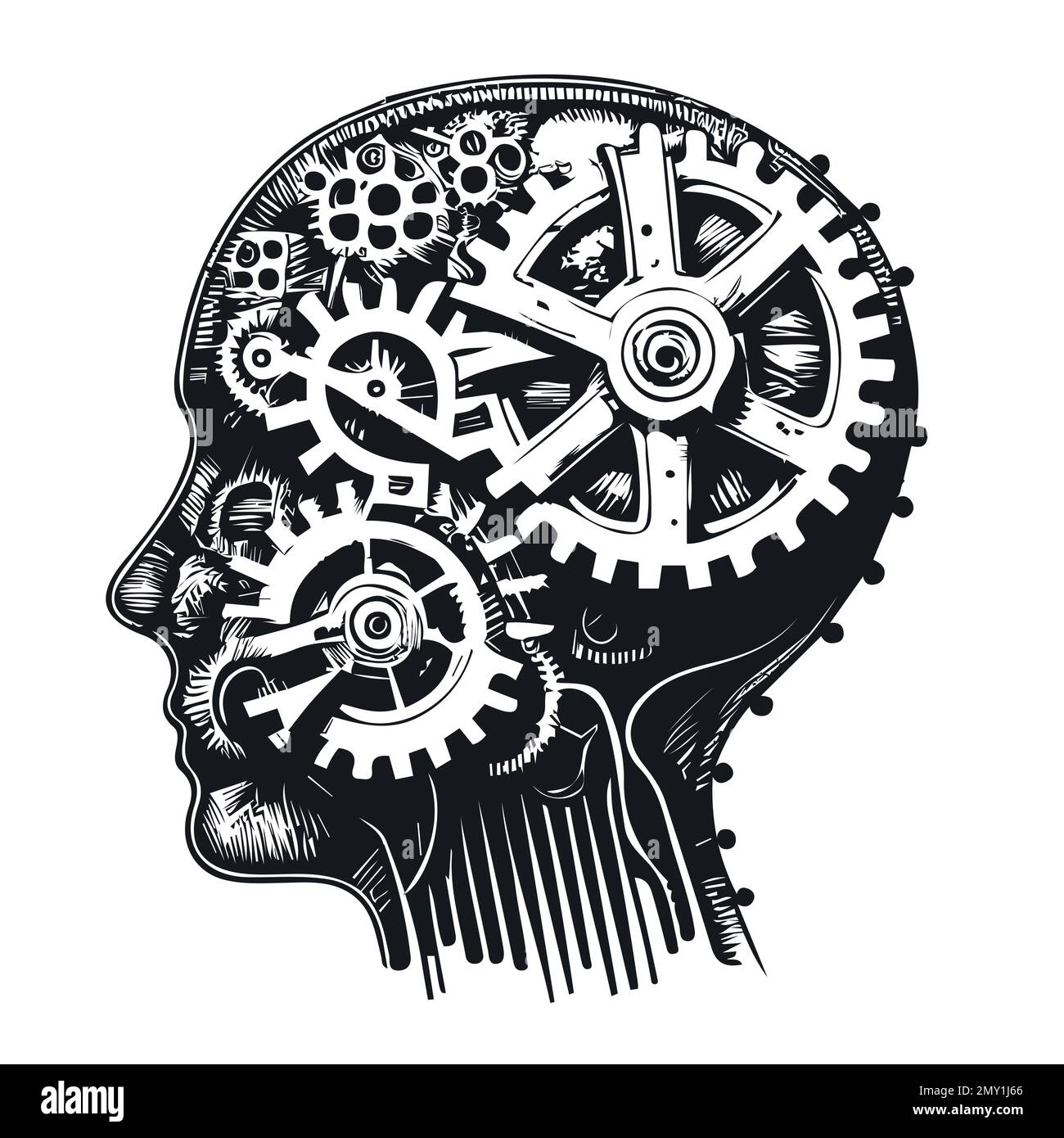 Abstract human head with mechanism inside hand drawn sketch ...