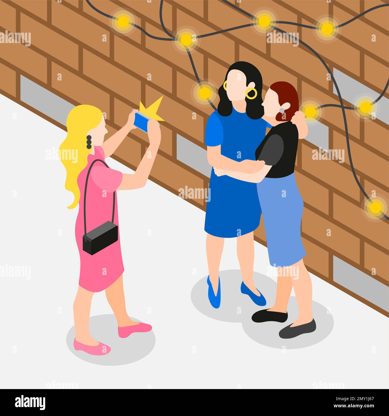 Female friends isometric composition a friend takes pictures of two ...