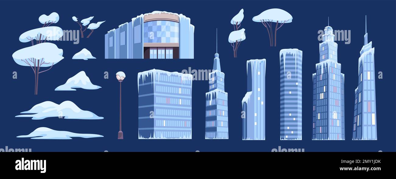 Ice snow modern city background set with isolated elements of cityscape ...