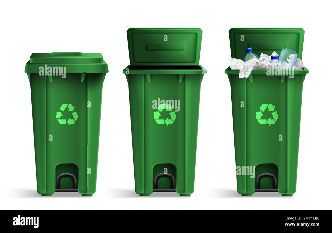 Realistic green trash buckets set with three isolated front views of ...