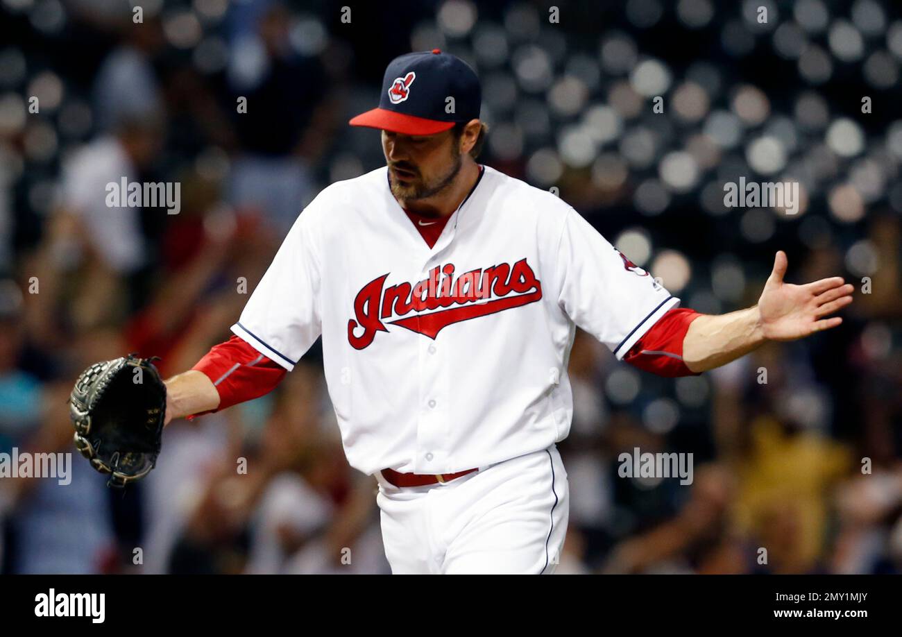 Cleveland Indians relief pitcher Andrew Miller celebrates the last out ...
