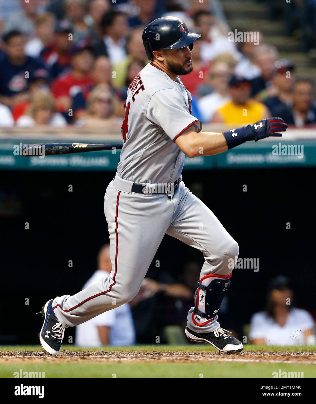 Minnesota Twins' Trevor Plouffe hits a RBI single off Cleveland Indians ...