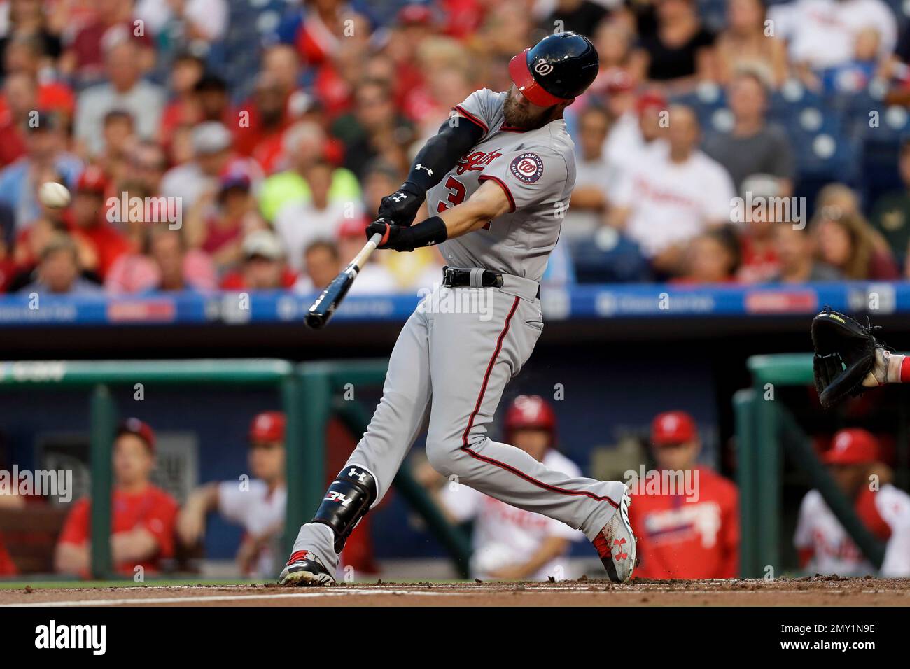 Washington Nationals' Bryce Harper hits an RBI double off Philadelphia Phillies starting pitcher ...