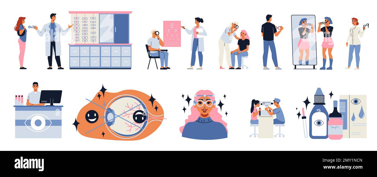 Ophthalmology medicine and optics flat set of doctors testing vision ...